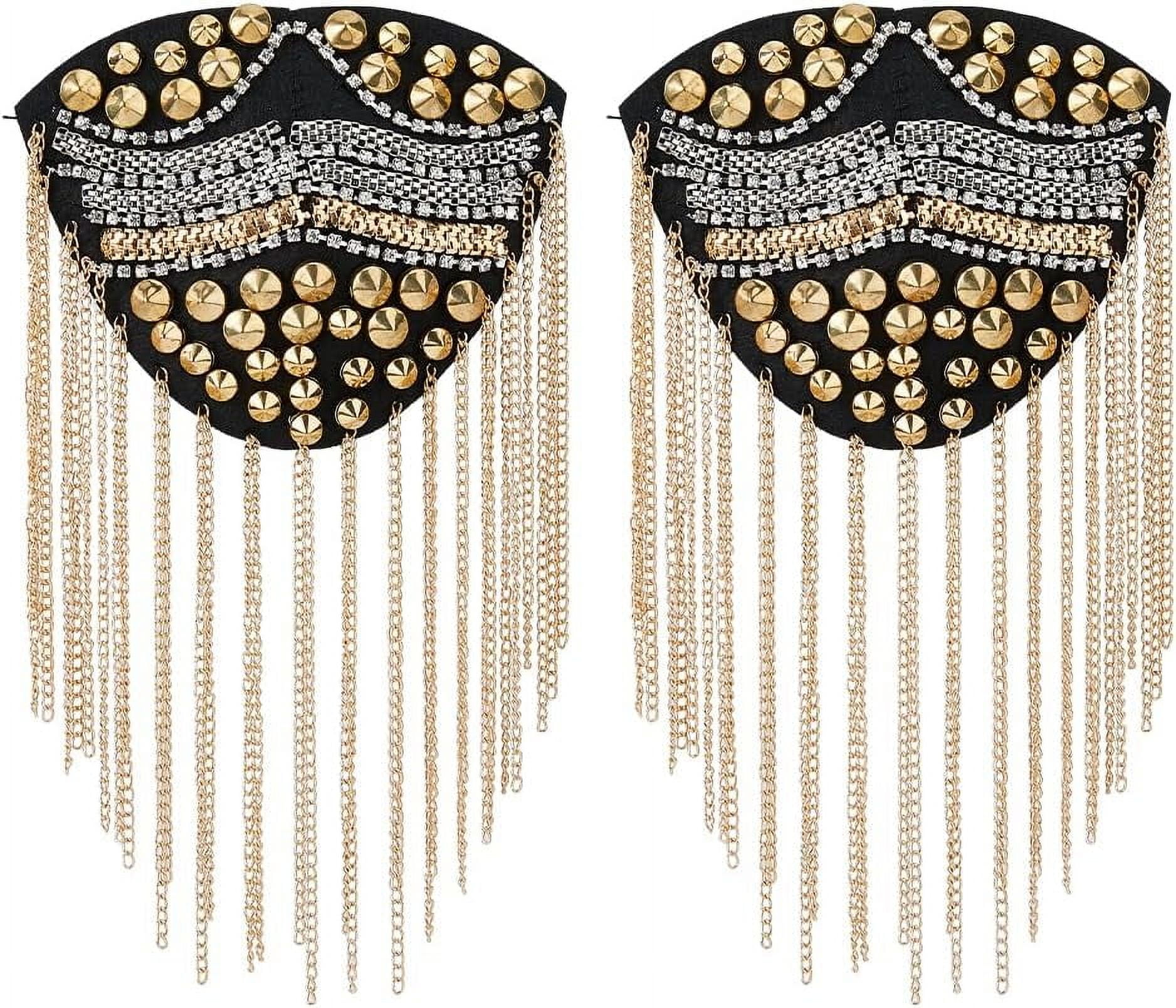 2Pcs Rhinestone Shoulder Badges 20x11.3x0.75cm Detachable Iron Tassel ...