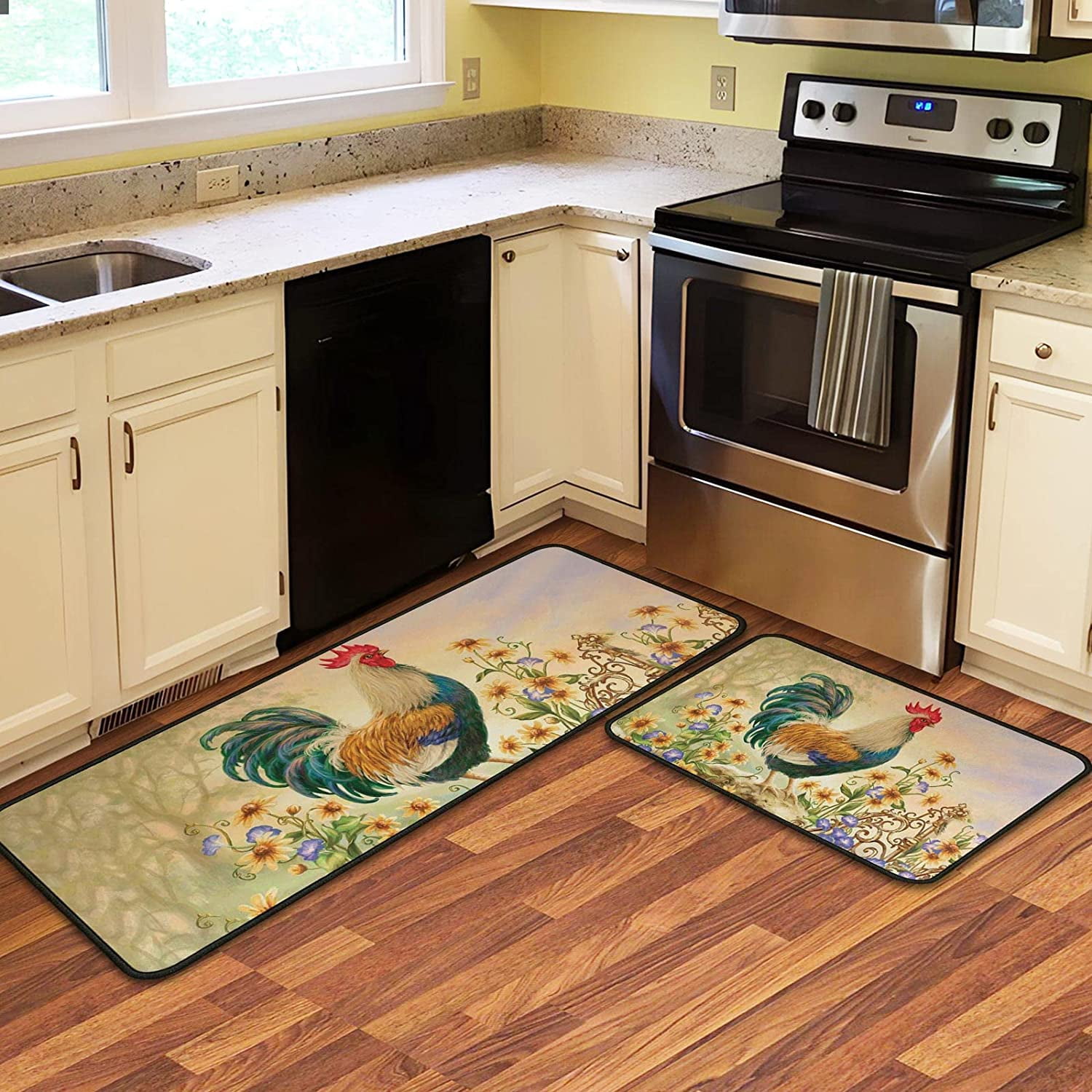 2Pcs Rooster Farmhouse Theme Rugs for Kitchen Floor 2 Pieces Farmhouse ...