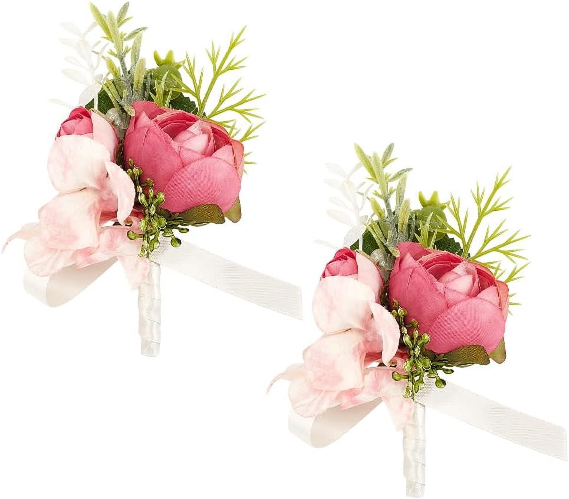 2Pcs Rose Corsage Pink Silk Cloth Imitation Flower with Green Leaf ...