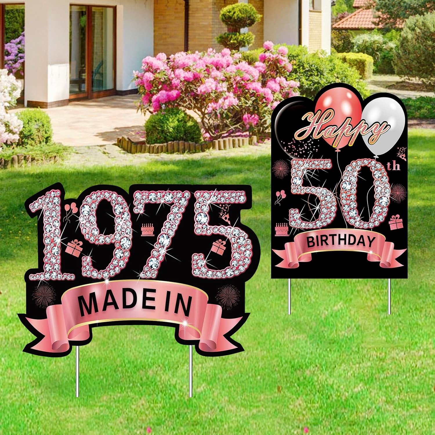 2Pcs Rose Gold 50th Birthday Yard Sign Decoration for Women,Happy 50th ...