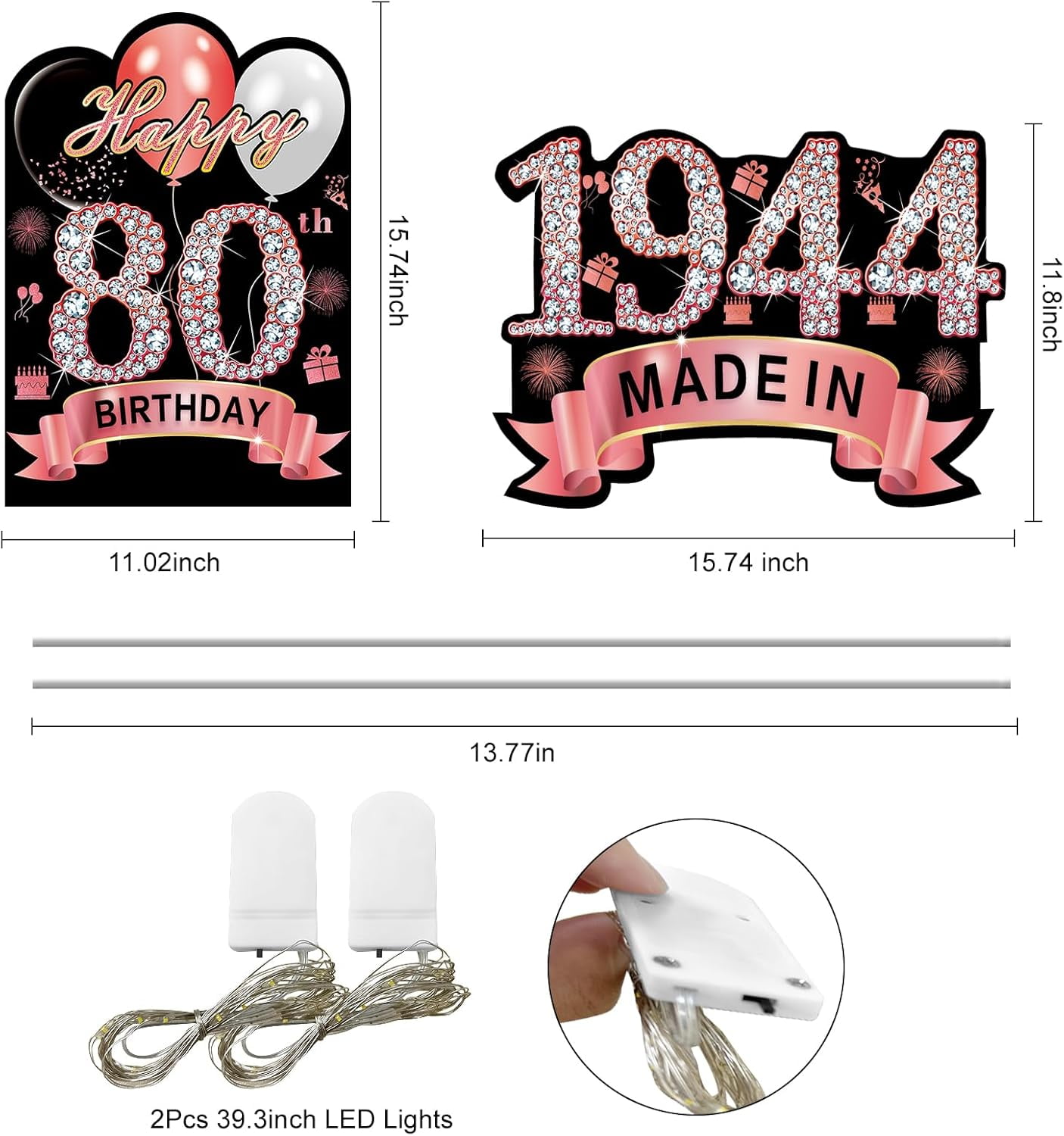 2Pcs Rose Gold 80th Birthday Yard Sign Decoration with String Lights ...