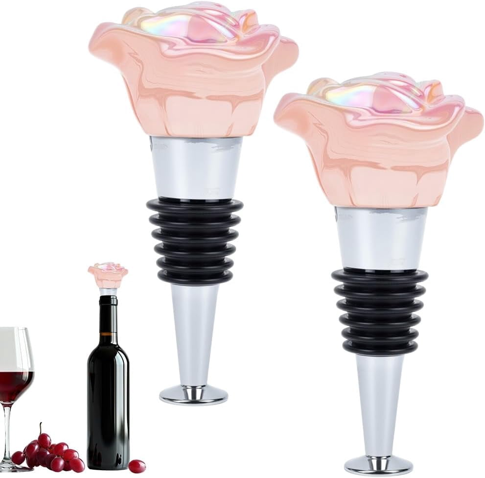 2Pcs Rose Wine Bottle Stopper Stainless Steel Wine Saver Silicone ...