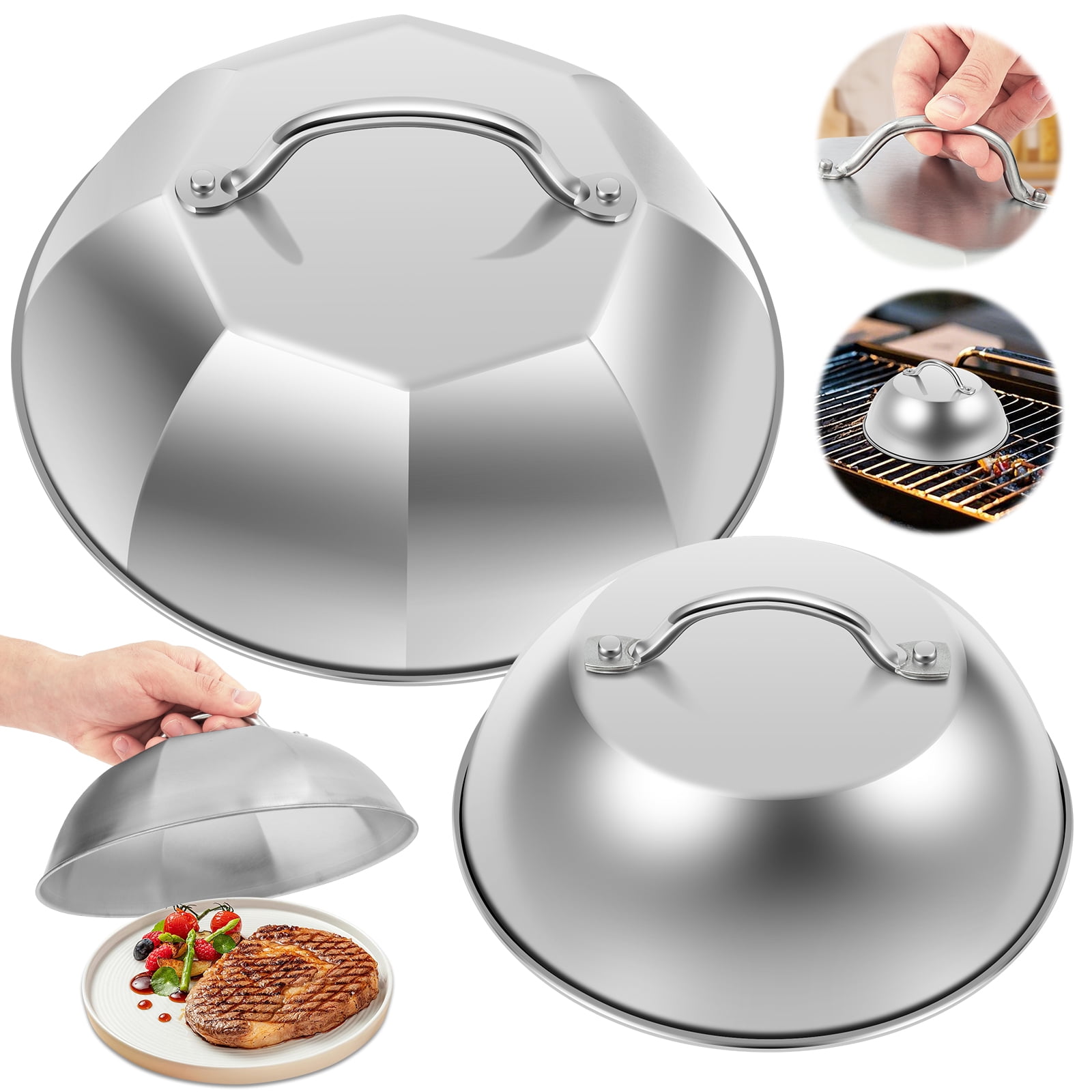 2Pcs Round Basting Cover Cheese Melting Dome Wok Lids Stainless Steel ...