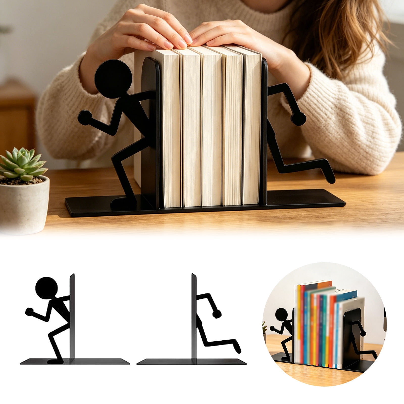 2Pcs Running Figure Metal Book Ends Anti Slip Heavy Duty Desktop Book ...
