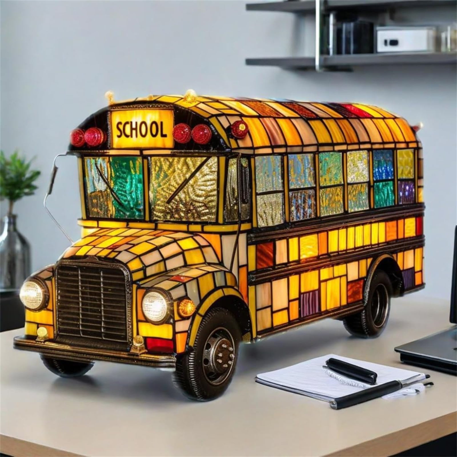 2Pcs School Bus Lamp, Stained Resin Yellow Bus Tabletop Night Light ...