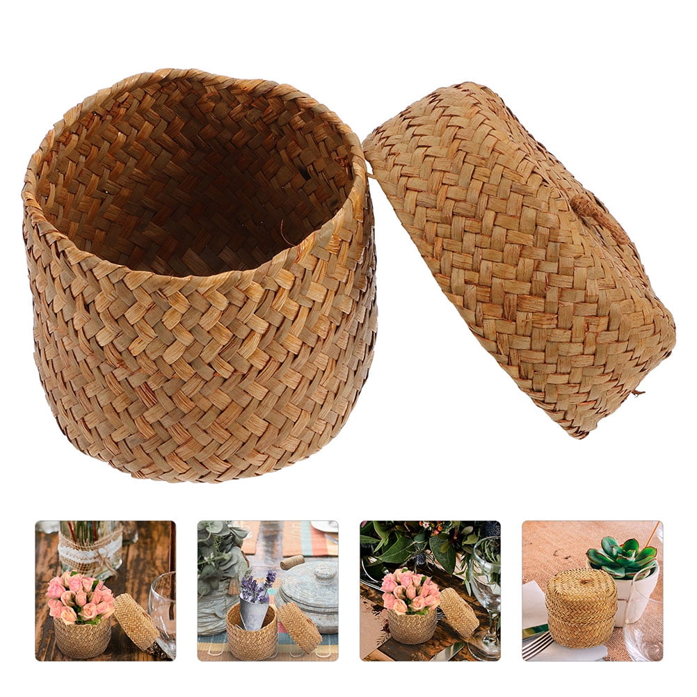 2Pcs Seagrass Woven Storage Basket Lidded Gift Box Woven Storage Bin ...