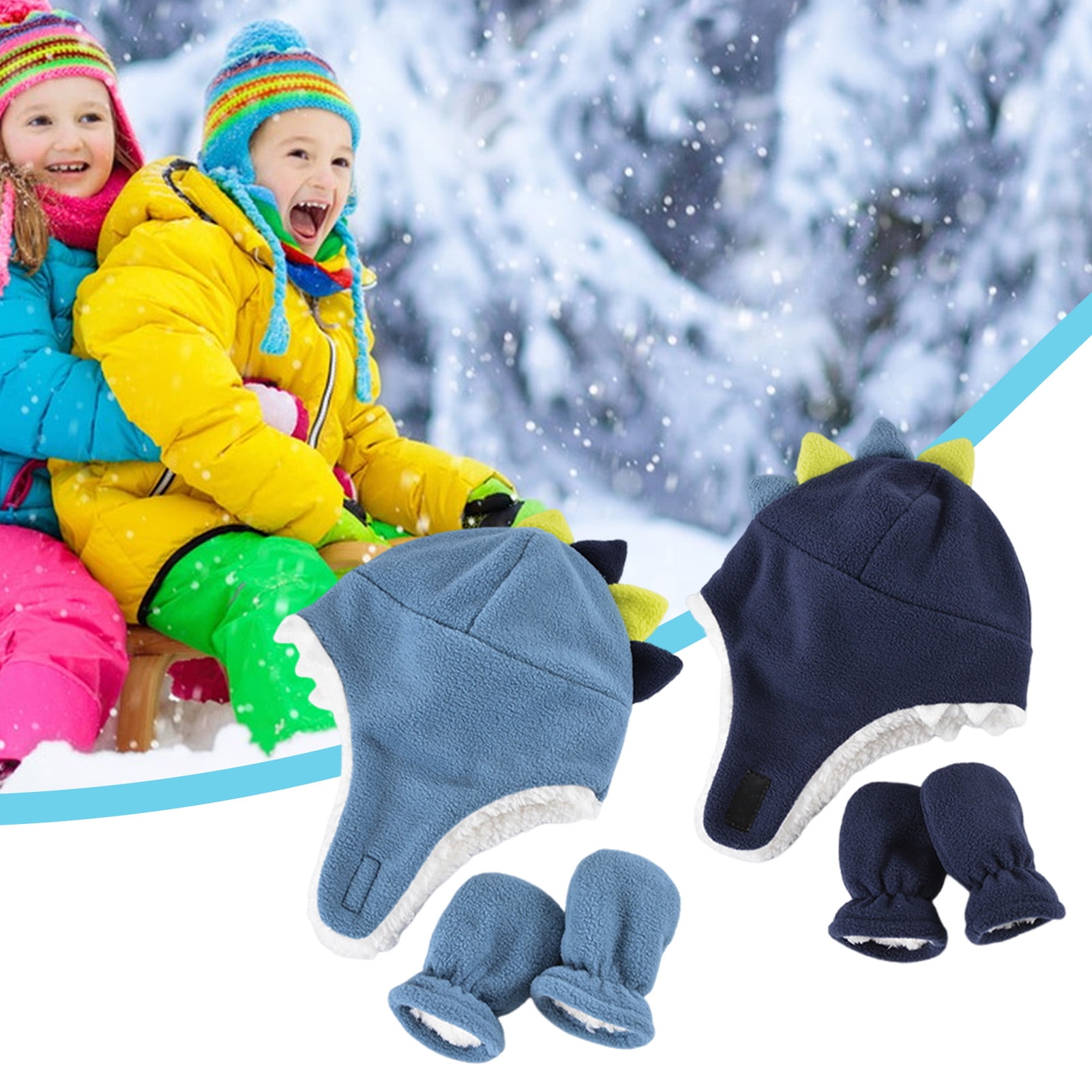 2Pcs/Set Baby Girl Boy Hats Mittens Set Double Layer Cartoon Dinosaur ...
