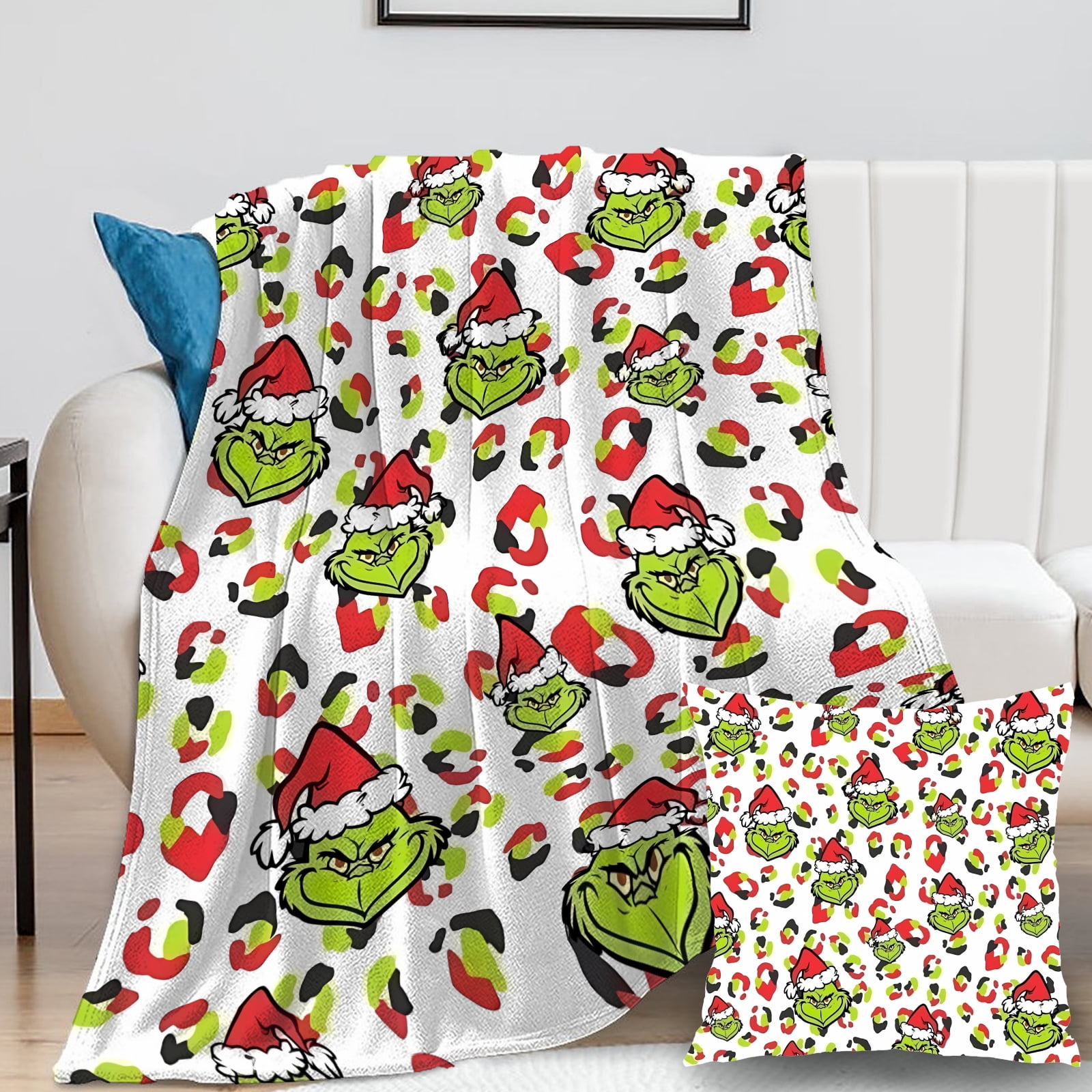 2Pcs/Set Grinch Blanket with Grinch Pillow Case Washed Plush Adult ...