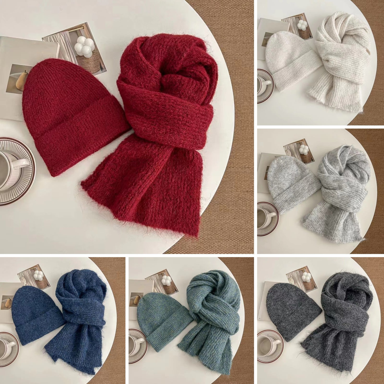 2Pcs/Set Hat Scarf Set Thermal Lined Double-Layer Design Knitted Long ...