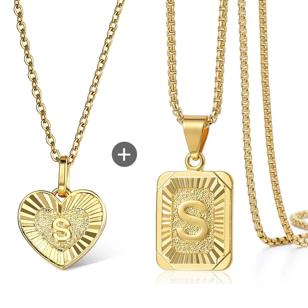 2Pcs Heart Square Initial Pendant Necklace Set - Gold Rolo Chain ...