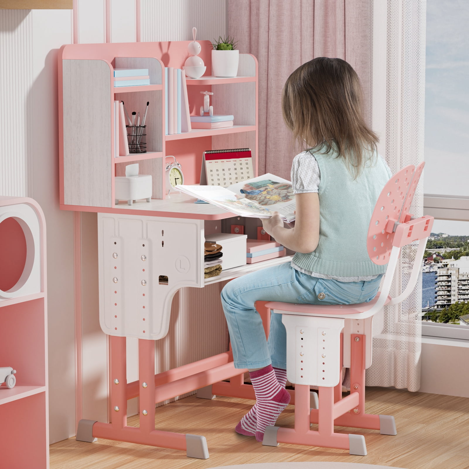 2Pcs/Set Kids Desk Chair Set, Adjustable Height School Leaning Table ...