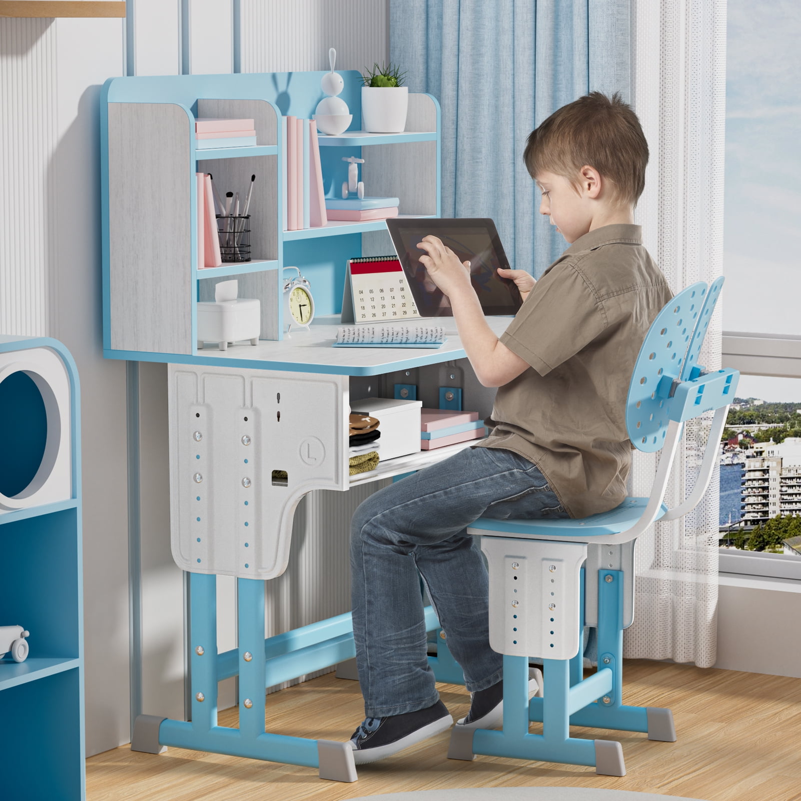 2Pcs/Set Kids Desk Chair Set, Adjustable Height School Leaning Table ...