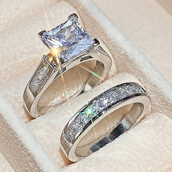 2Pcs/Set Women Ring Set, Zinc Alloy Metal Rings with Rhinestones Claw ...