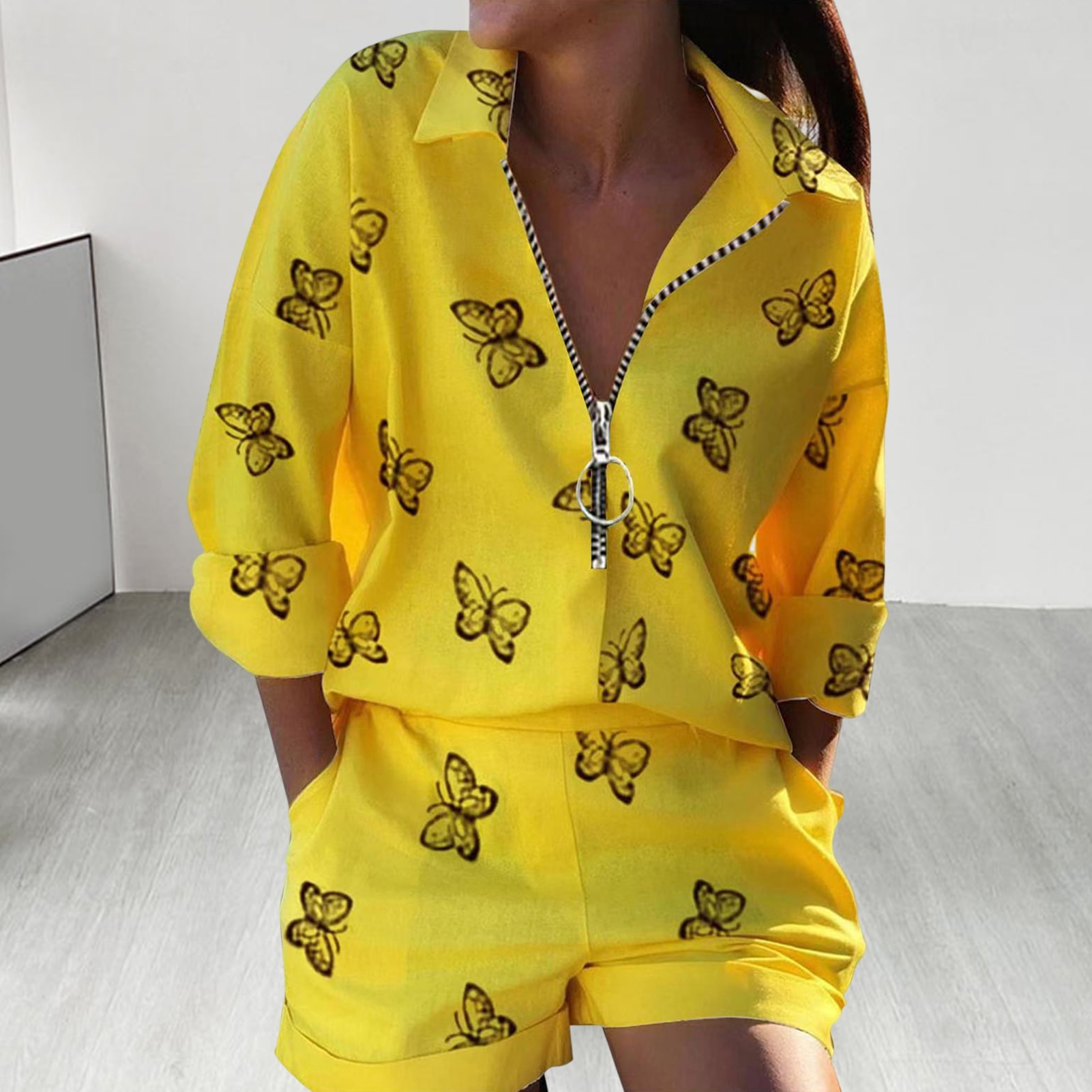 2Pcs/Set Women Shirt Shorts Suit Turndown Collar Long Sleeves Metal ...