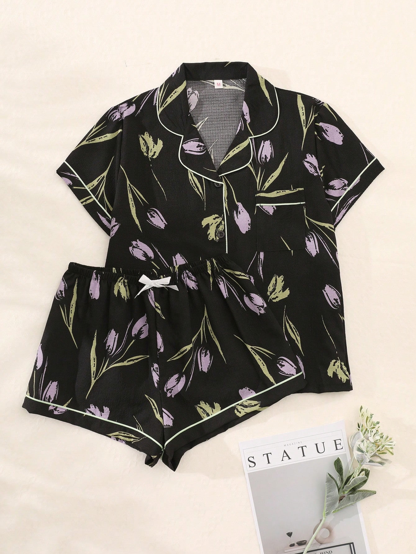 2Pcs/Set Women's Tulip Printed V-Neck Button Short Sleeve Single ...