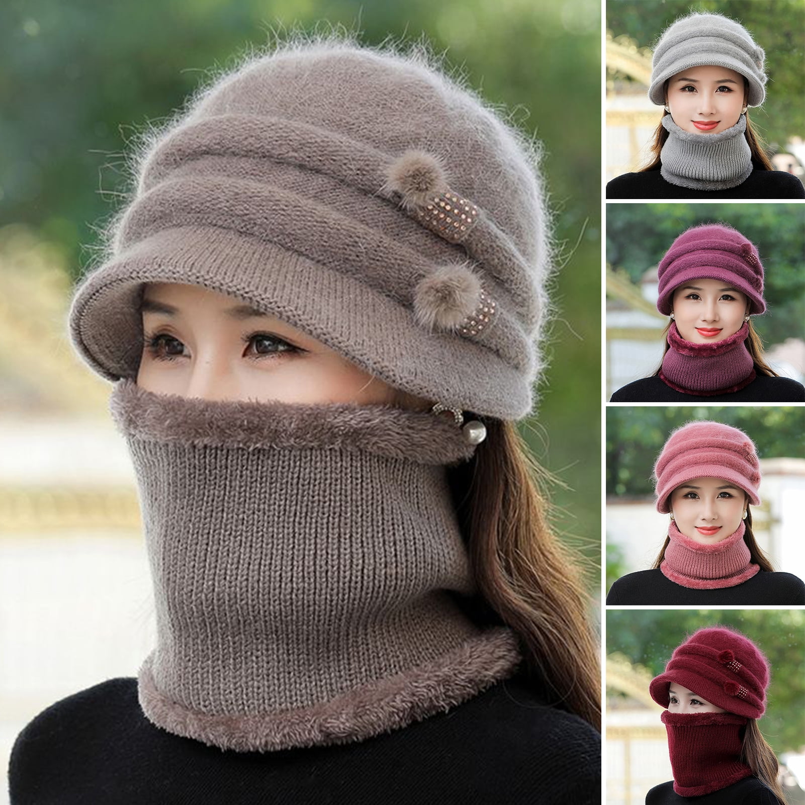 2Pcs/Set Womens Winter Beanie Hat Scarf, Fleece Lining Warm Knitted ...