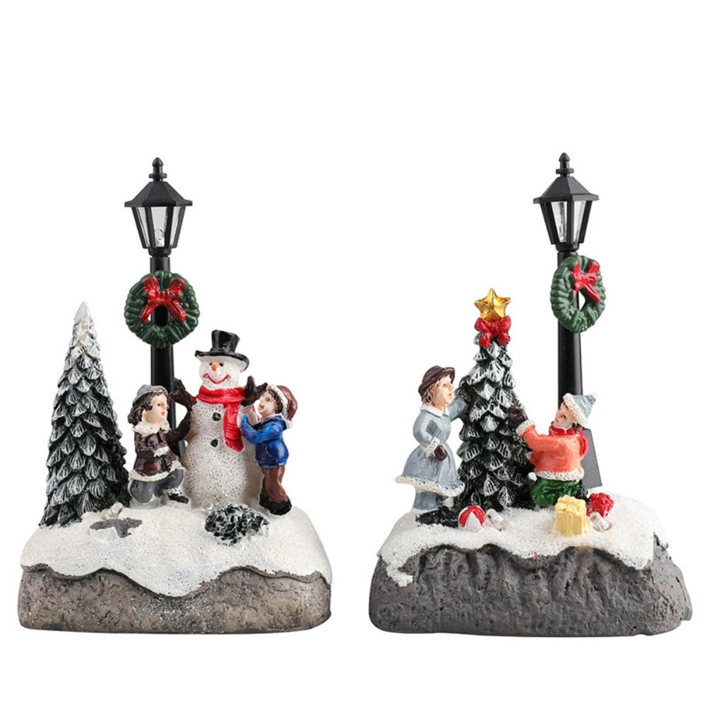 2Pcs Seting LED Lighted Christmas with Figurines Resin Christmas Town ...