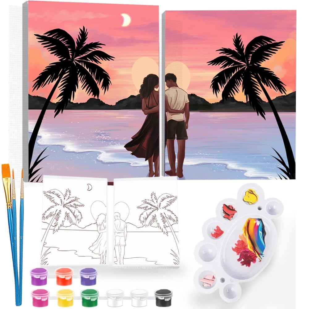 2Pcs Sip and Paint Kit for Adults,Valentines Couple Painting Kit Supplies Canvas, Pre Drawn ...
