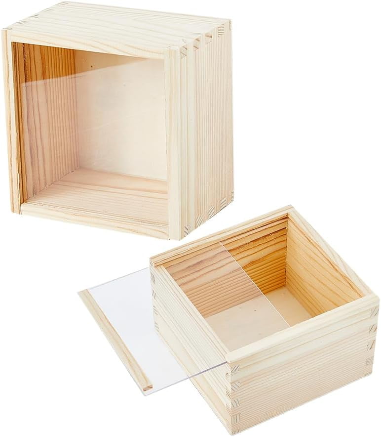 2Pcs Slide Square Wood Box Unfinished Wood Storage Box with Transparent ...