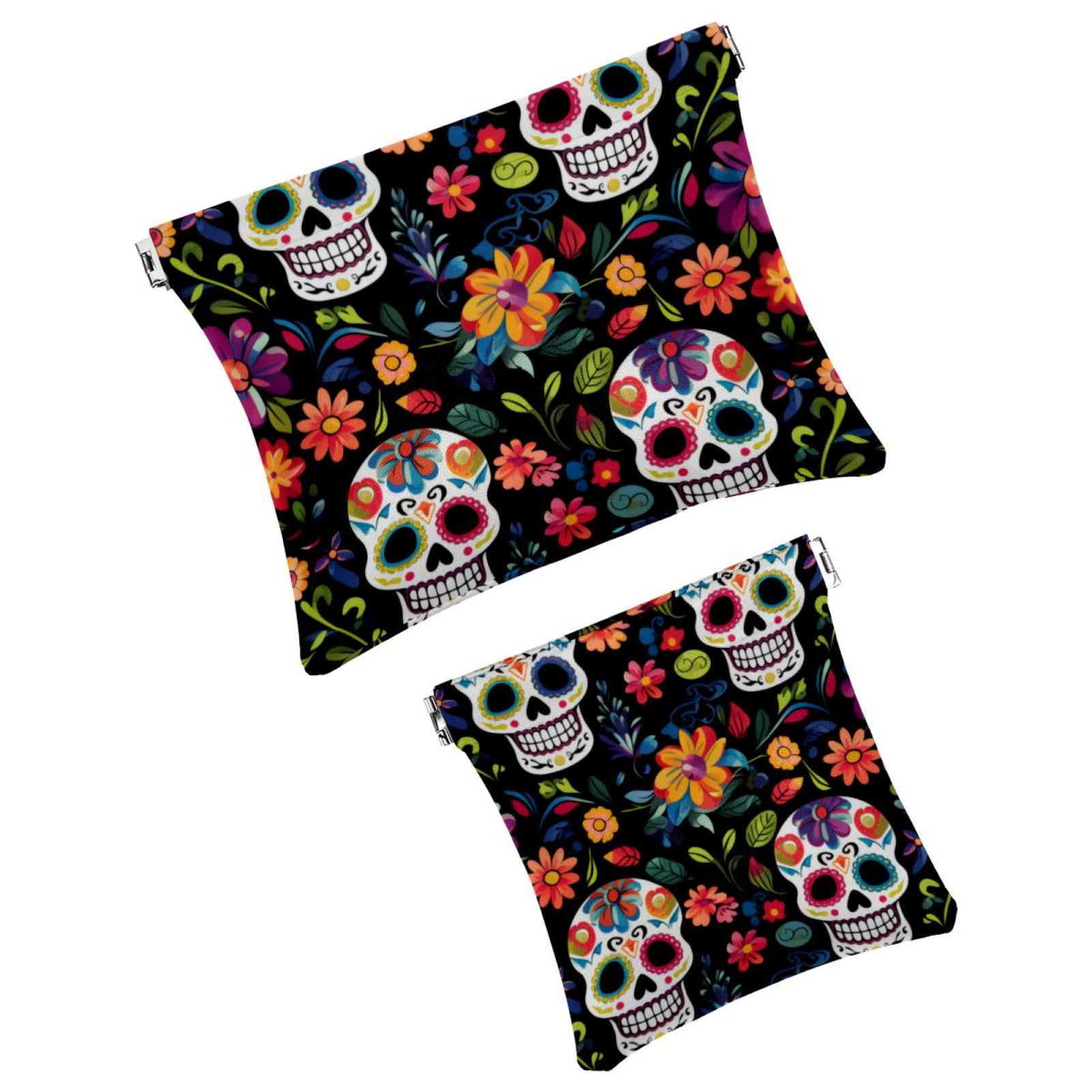 2pcs Small Makeup Bag For Purse Skull Floral Pocket Cosmetic Bag