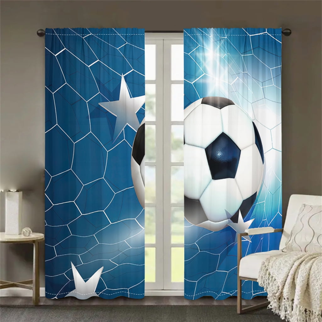 2Pcs Soccer Theme Curtains Blue Grid Star Pattern Living Room Bedroom r ...