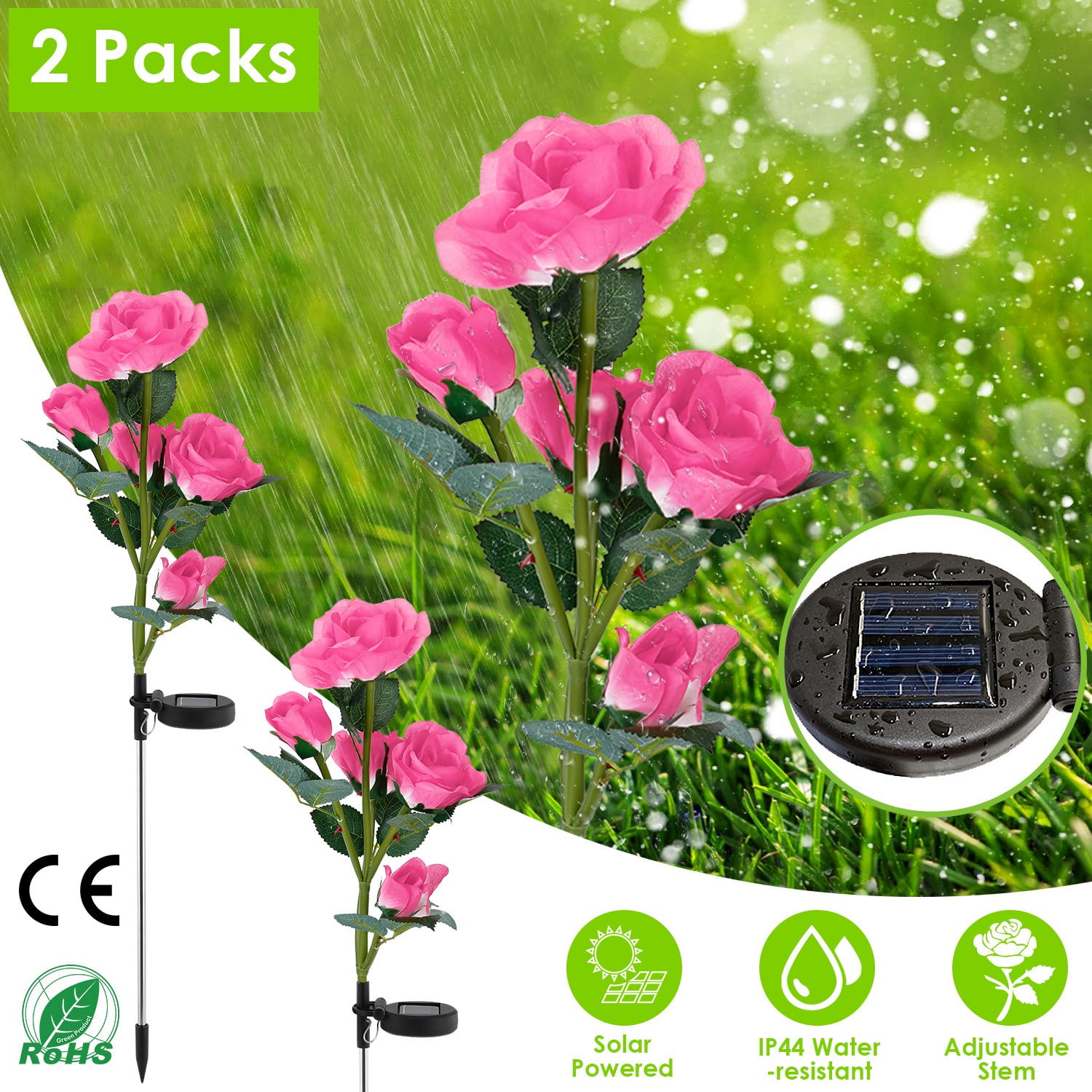 2Pcs Solar Powered Rose Flower Light LED Decorative Lamp Solar Rose ...