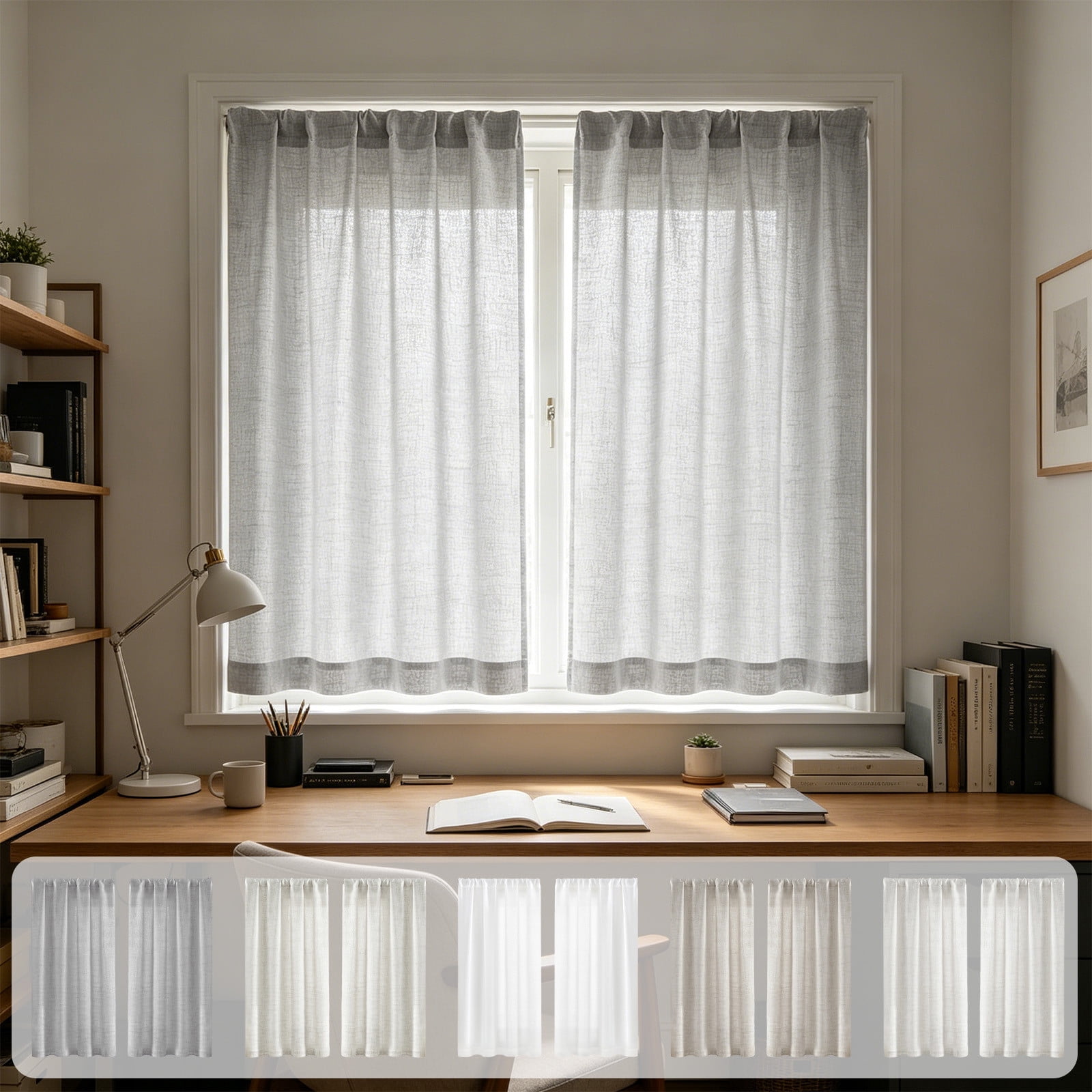 2Pcs Solid Color Linen Short Window Curtains, Partial Light Blocking ...