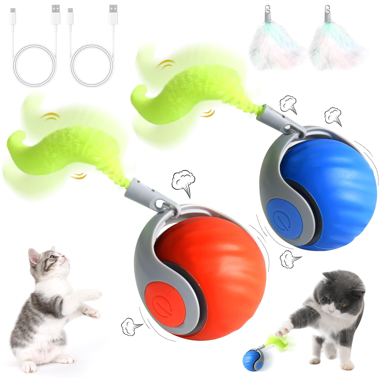 2Pcs Speedy Tail 3.0 Cat Toy, Interactive Cat Toys For Bored Indoor Automatic Turbo Toys Rolling ...