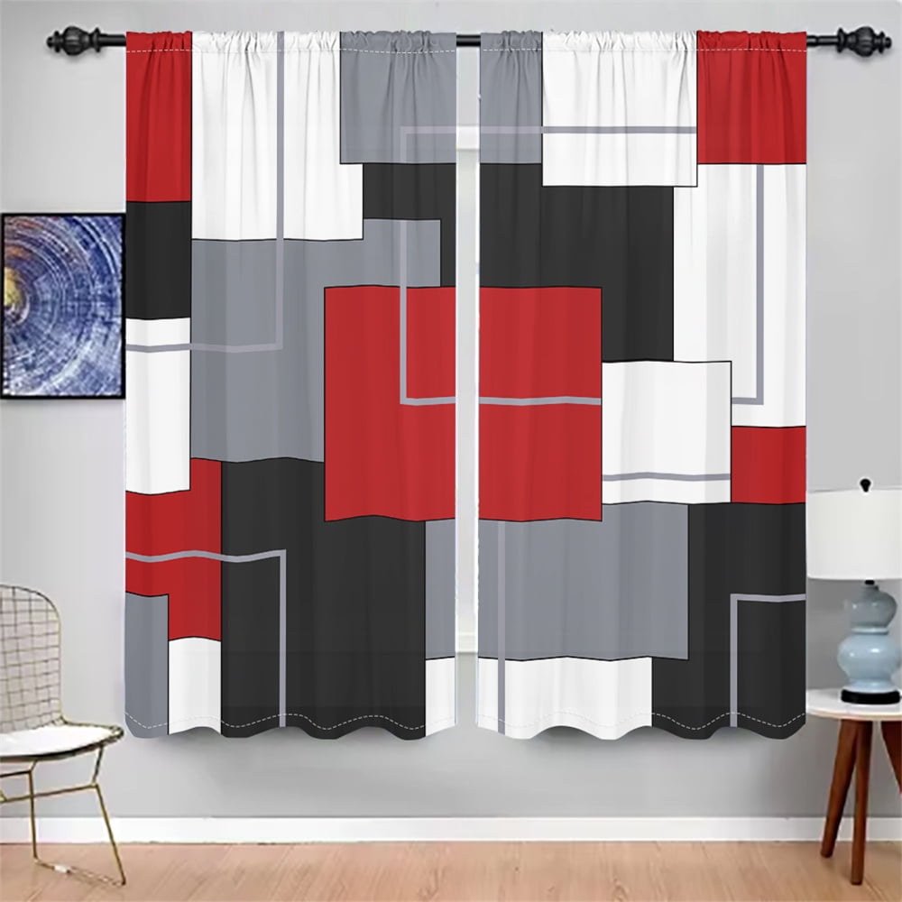 2Pcs Square Curtains Red Black Grey White Modern Pattern Living Room ...
