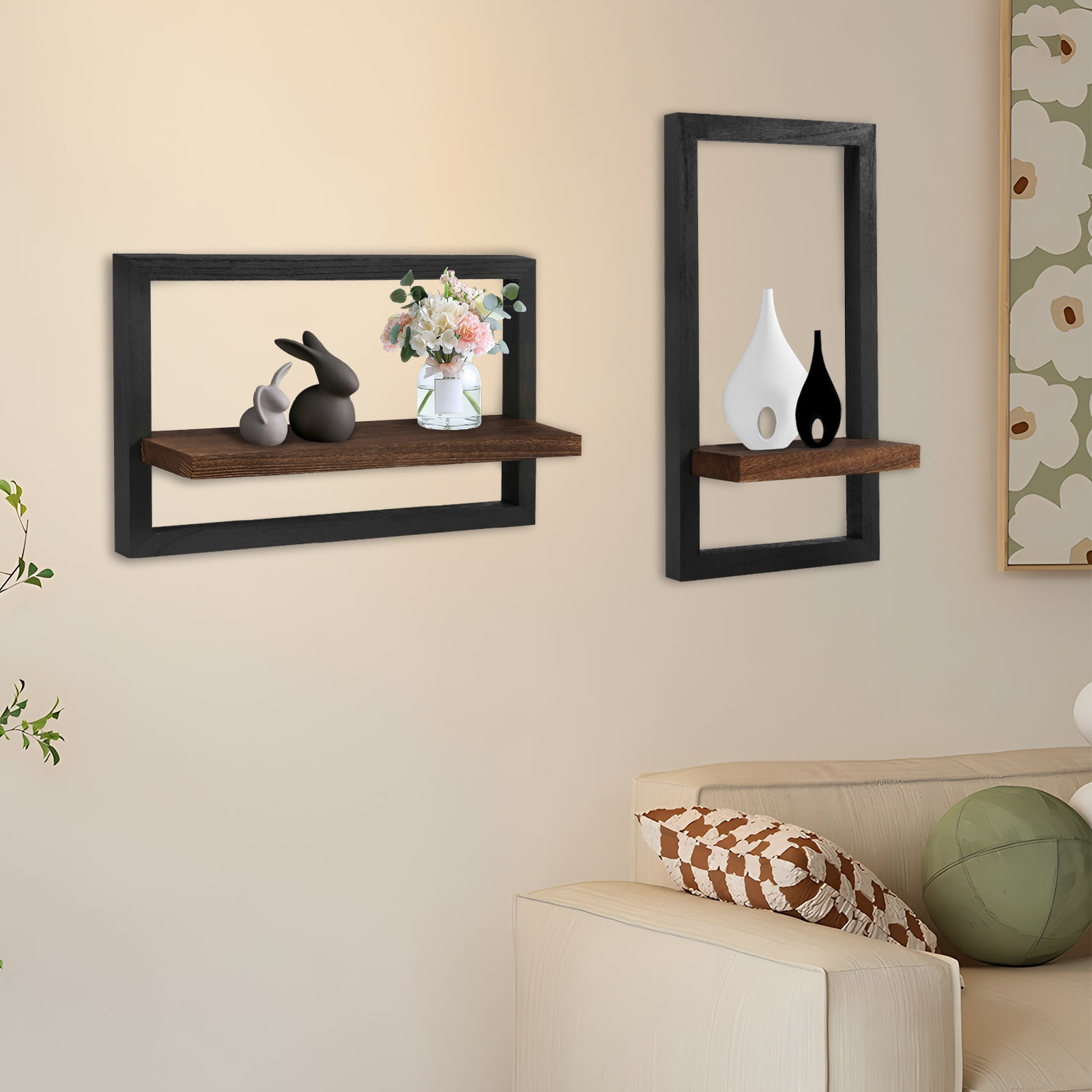 2Pcs Square Floating Shelf Decorative Framed Hanging Shelf Wooden ...