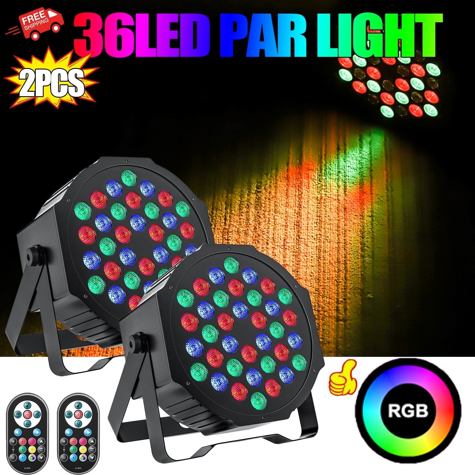 2 Pack Stage Lights 36 LED Par Lights with Wireless Remote Sound Activated DMX Control for DJ ...