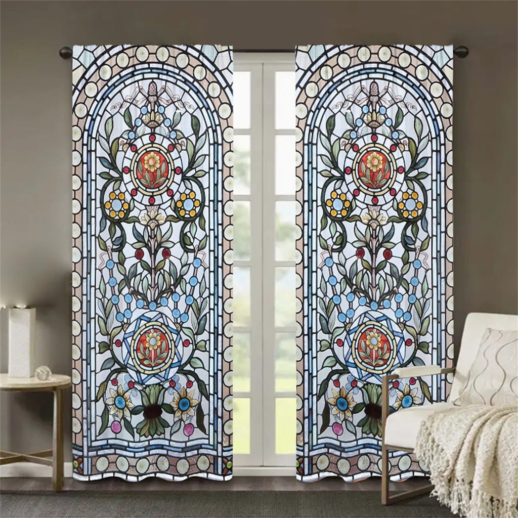 2Pcs Stained Glass Curtains Church Style Floral Design European Vintage ...