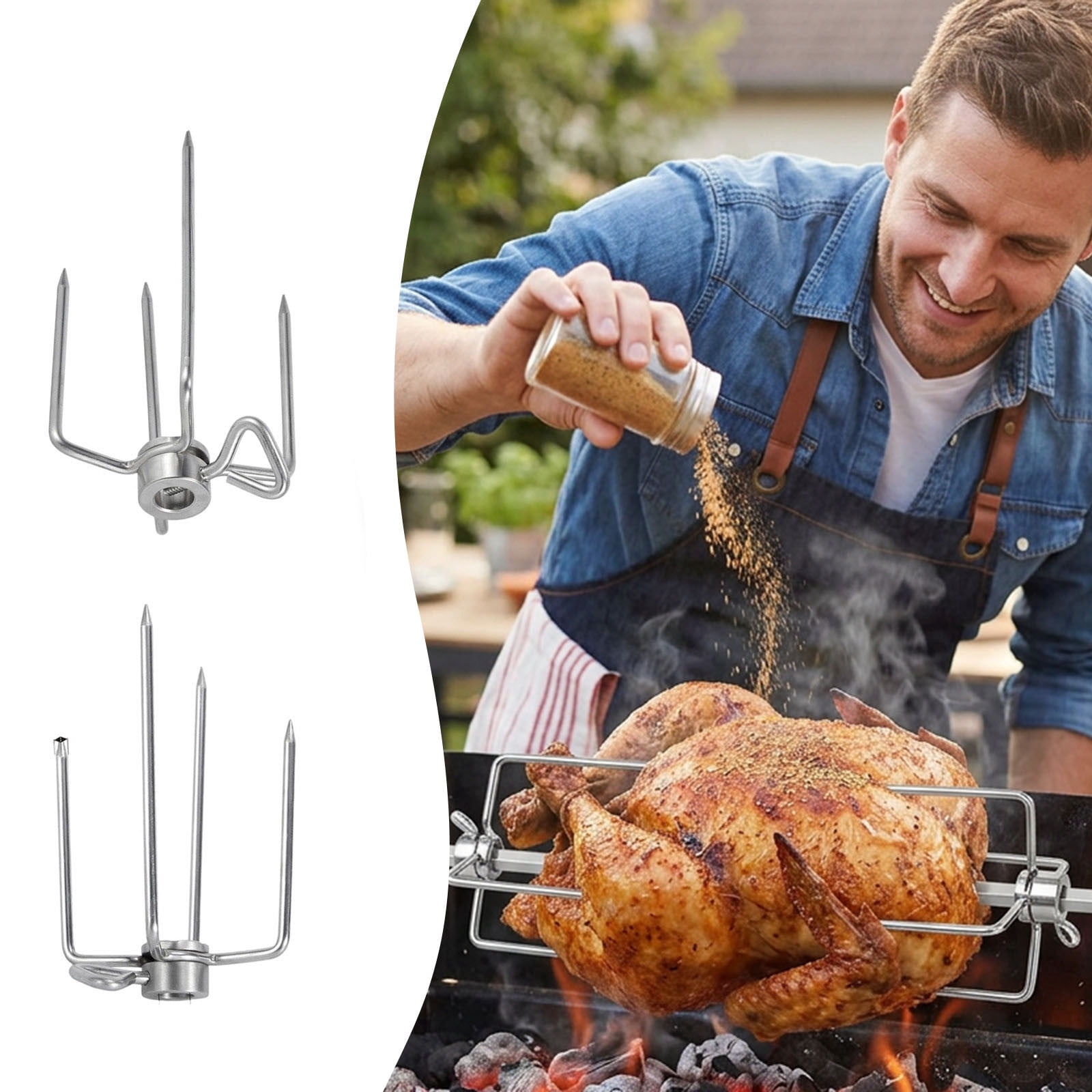 2Pcs Stainless Steel BBQ fork Clamp 4 Prong Lockable Grill Skewer ...