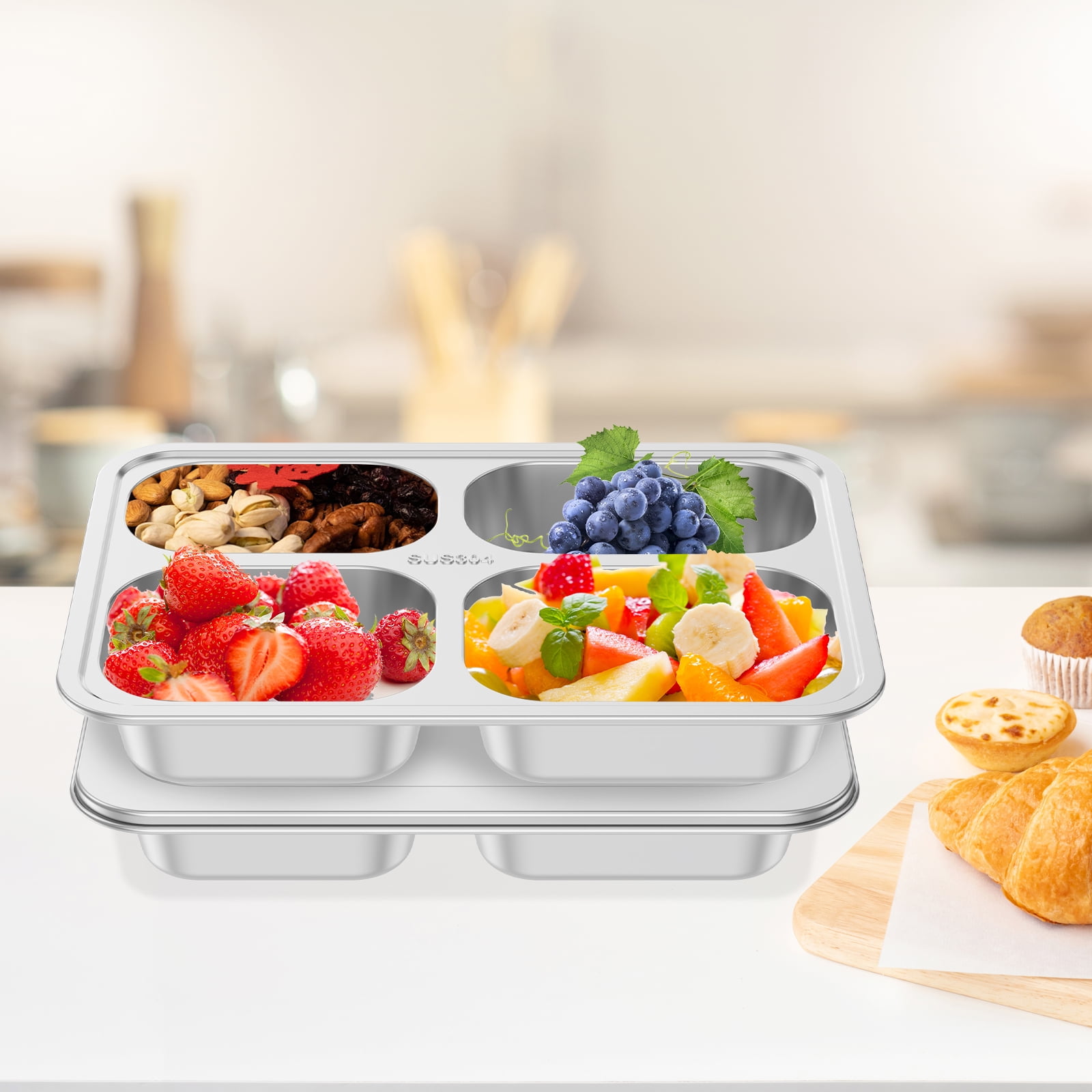 2Pcs Stainless Steel Snack Container with Lid Reusable Divided Meal Box ...