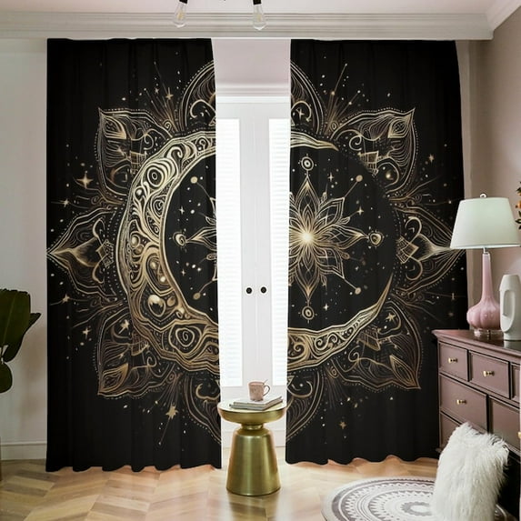 2Pcs Star and Moon Curtain Set, Mystical Gold and Black Crescent Moon ...