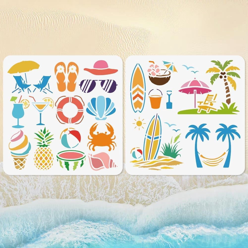 2Pcs Summer Beach Stencils for Painting 11.8"x11.8" Reusable Palm Tree ...