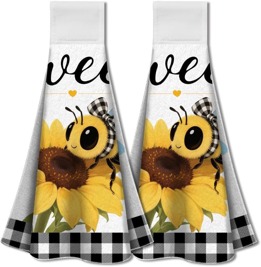 2Pcs Sunflower Bee Hand Towels with Hanging Loop Soft Absorbent Sweet ...
