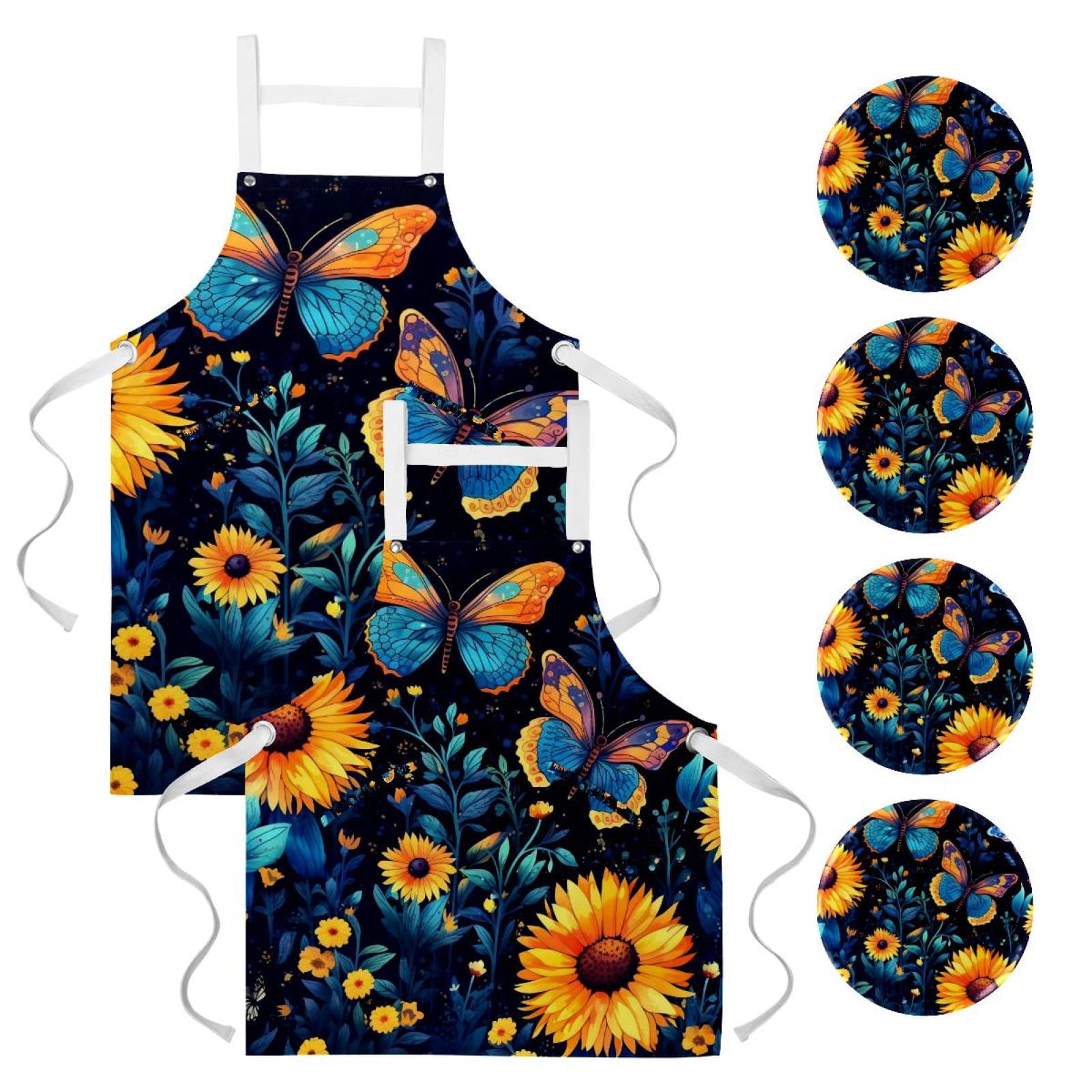 2Pcs Sunflower Blue Butterfly Versatile Aprons Set - Kitchen, Baking ...