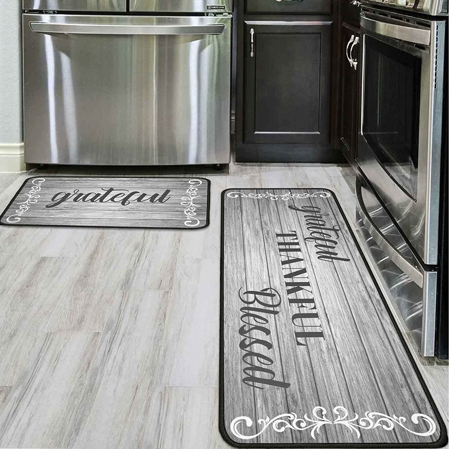 2Pcs Thankful Kitchen Rugs Set of 2 Grey Mats for Cooking Non Slip ...