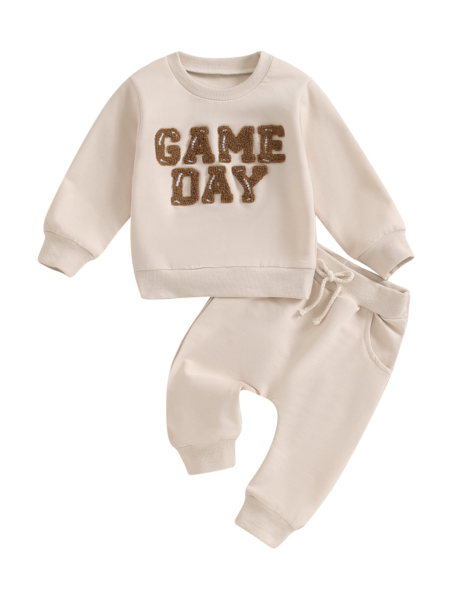2Pcs Toddler Baby Boy Football Outfit Long Sleeve Game Day Fuzzy Letter Embroidery Sweatshirt ...