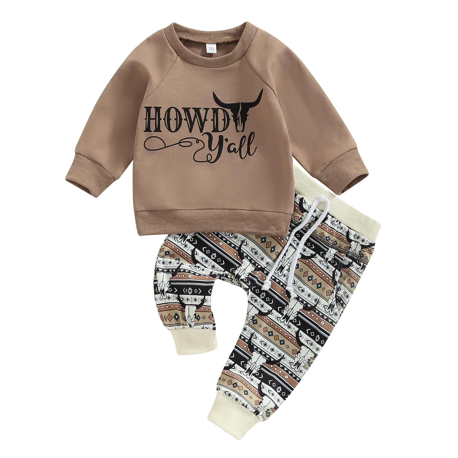 2Pcs Toddler Baby Boy Western Clothes Cow Print Long Sleeve Pullover Sweatshirt Tops+Jogger ...