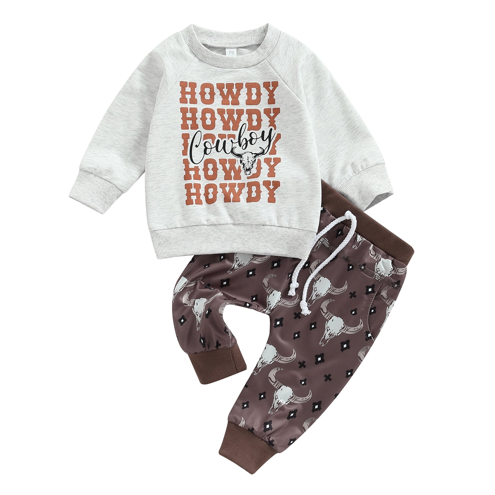 2Pcs Toddler Baby Boy Western Clothes Cow Print Long Sleeve Pullover Sweatshirt Tops+Jogger ...
