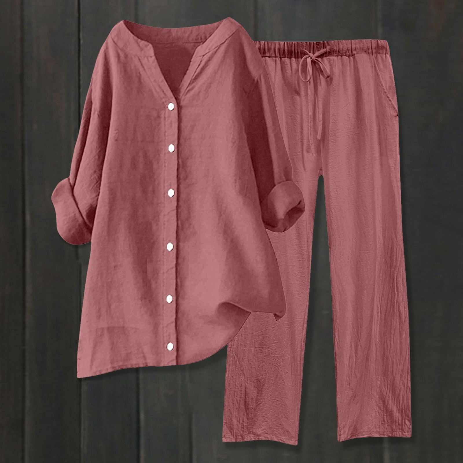 2Pcs Travel Sets for Women Linen Wide Leg Pants Long Sleeve Shirt Set ...
