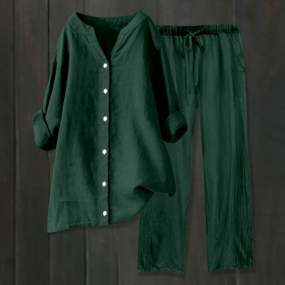 2Pcs Travel Sets for Women Linen Wide Leg Pants Long Sleeve Shirt Set ...