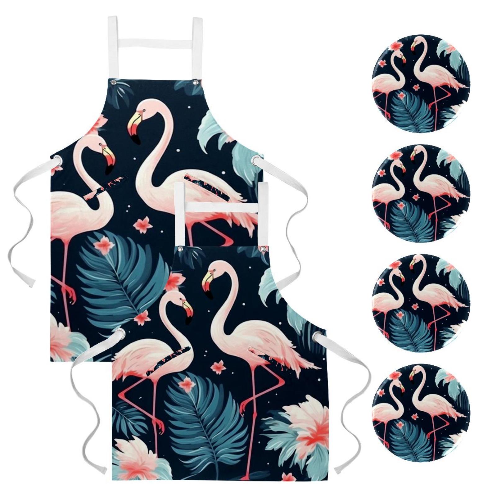 2Pcs Tropical Jungle Pink Flamingo Versatile Aprons Set - Kitchen ...