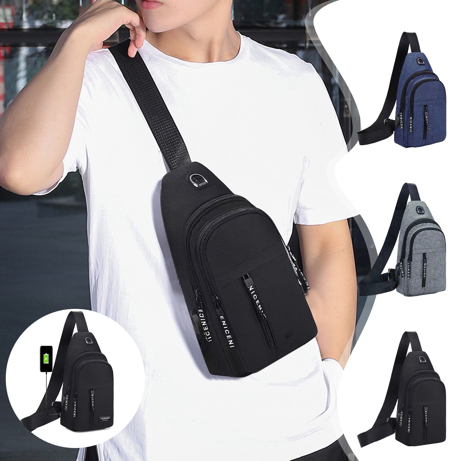 2Pcs USB Charging Bag, Kadlawus Men's Chest Bag with USB Charging Port ...