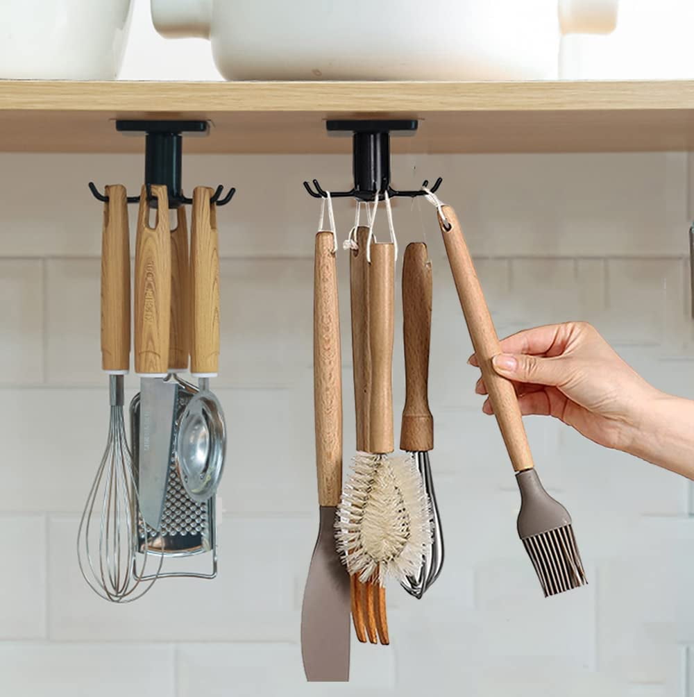 2Pcs Under Cabinet Kitchen Utensil Hooks, 360° Rotatable Adhesive ...