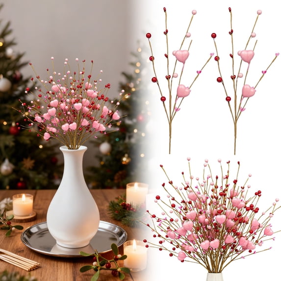 2Pcs Valentine's Day Gifts, Artificial Valentine Berry Flower Stems Red ...