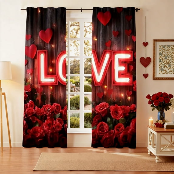 2Pcs Valentine's Day Red Rose Curtains Curtains Red Rose Petals Living ...