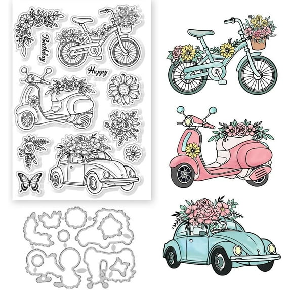 2Pcs Vehicle and Flower Clear Stamps and Cutting Dies Motorcycle ...